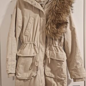 H&M | Jackets & Coats | Hm Beige Utility Jacket With Faux Fur Hood ...
